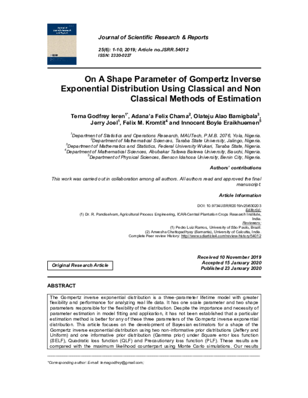 Pdf On A Shape Parameter Of Gompertz Inverse Exponential Distribution Using Classical And Non 2223