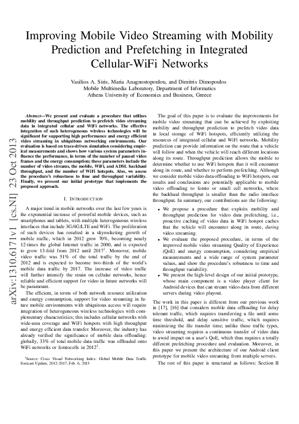 (PDF) Improving Mobile Video Streaming with Mobility Prediction and Prefetching in Integrated ...