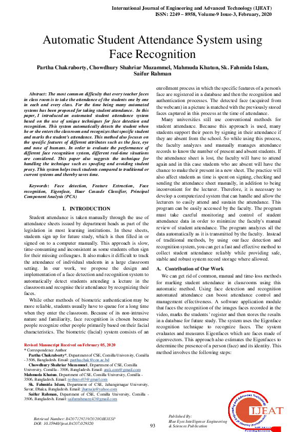 (PDF) Automatic Student Attendance System Using Face Recognition