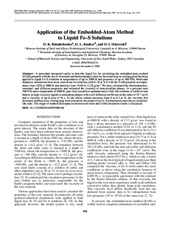 (PDF) Application of the embedded-atom method to liquid Fe-S solutions
