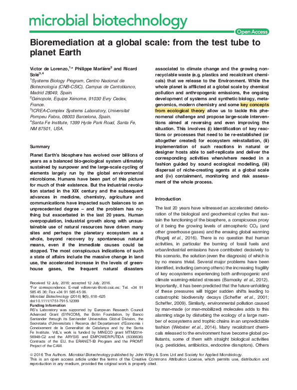 (PDF) Bioremediation at a global scale: from the test tube to planet Earth