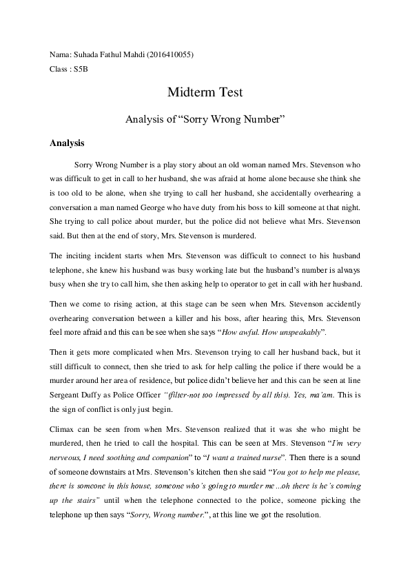 (DOC) Midterm Test Analysis of "Sorry Wrong Number"