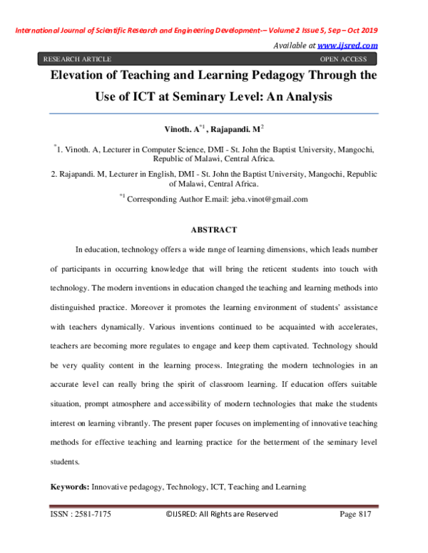 (PDF) Elevation of Teaching and Learning Pedagogy Through the Use of ...