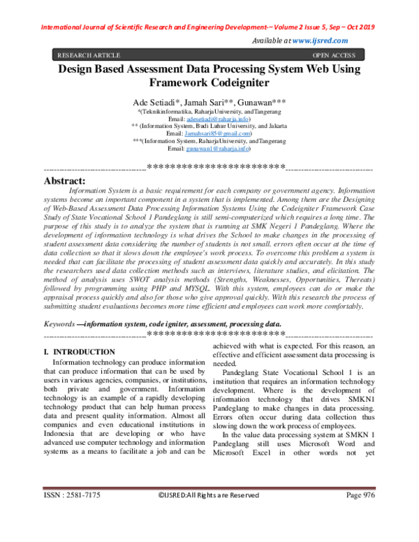 Pdf Design Based Assessment Data Processing System Web Using Framework Codeigniter