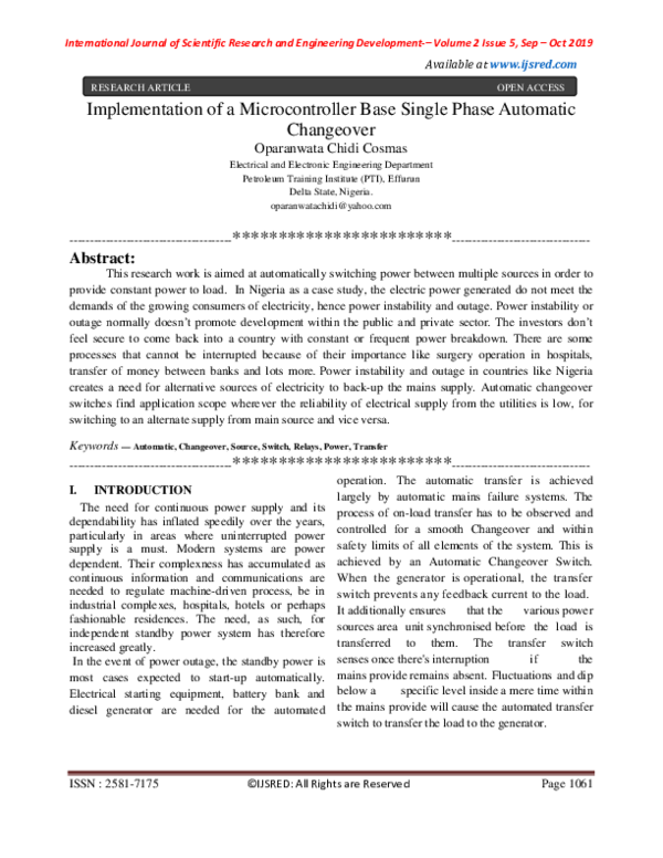 (PDF) ' Implementation of a Microcontroller Base Single Phase Automatic Changeover