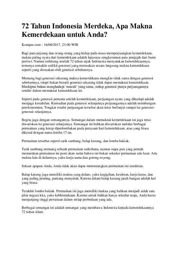 (DOC) 72 Tahun Indonesia Merdeka, Apa Makna Kemerdekaan untuk Anda