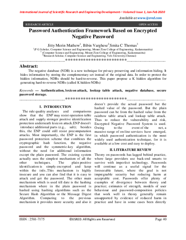 Pdf Password Authentication Framework Based On Encrypted Negative