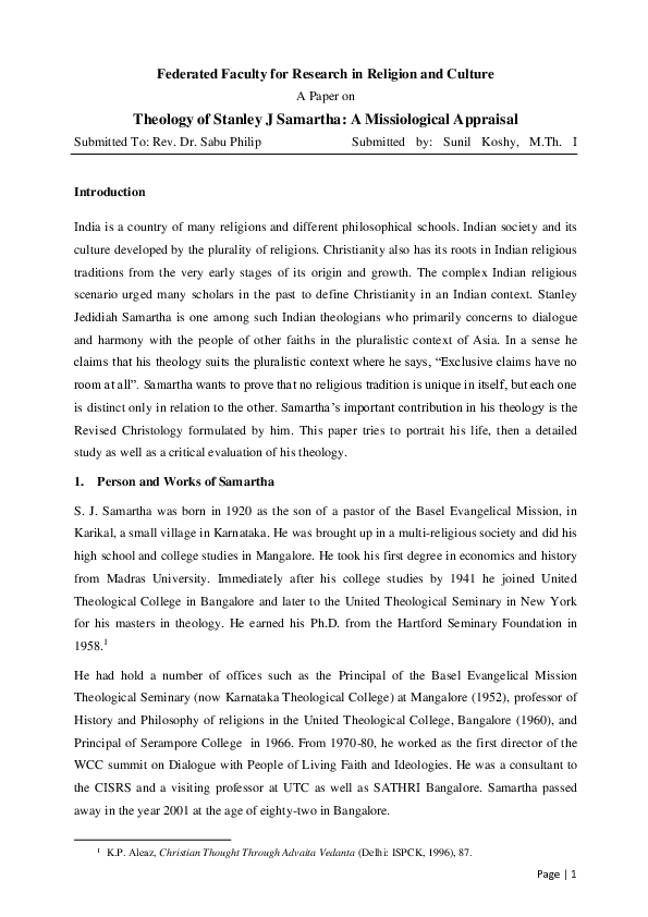 (PDF) Theology of Stanley J Samartha: A Missiological Appraisal