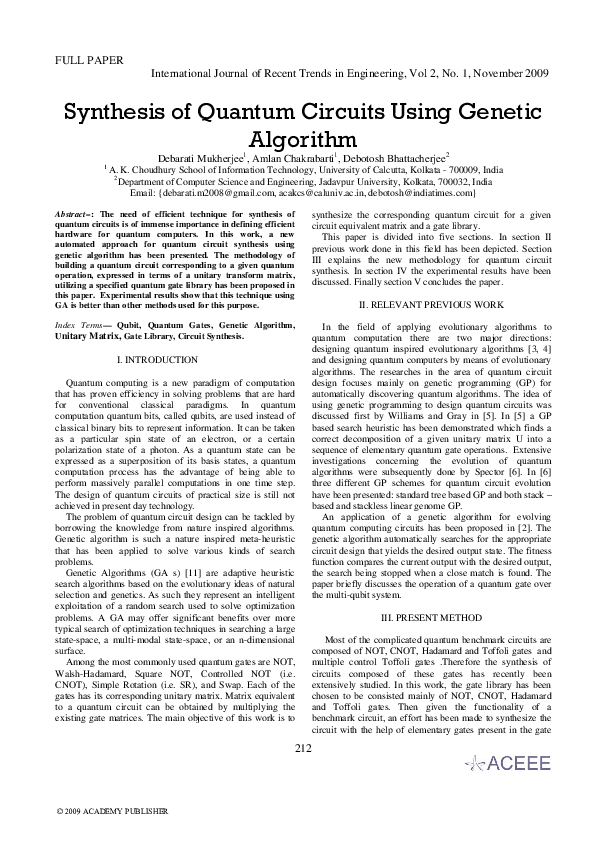 Pdf Synthesis Of Quantum Circuits Using Genetic Algorithm 0387