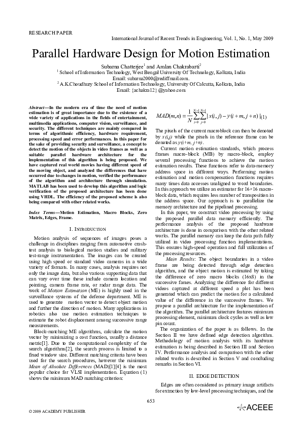 Pdf Parallel Hardware Design For Motion Estimation