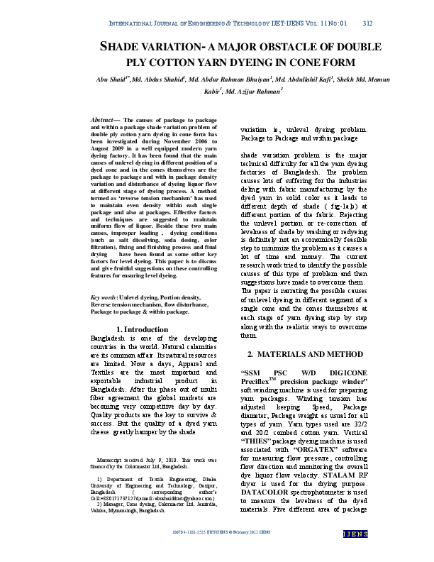 (PDF) SHADE VARIATION-A MAJOR OBSTACLE OF DOUBLE PLY COTTON YARN DYEING ...