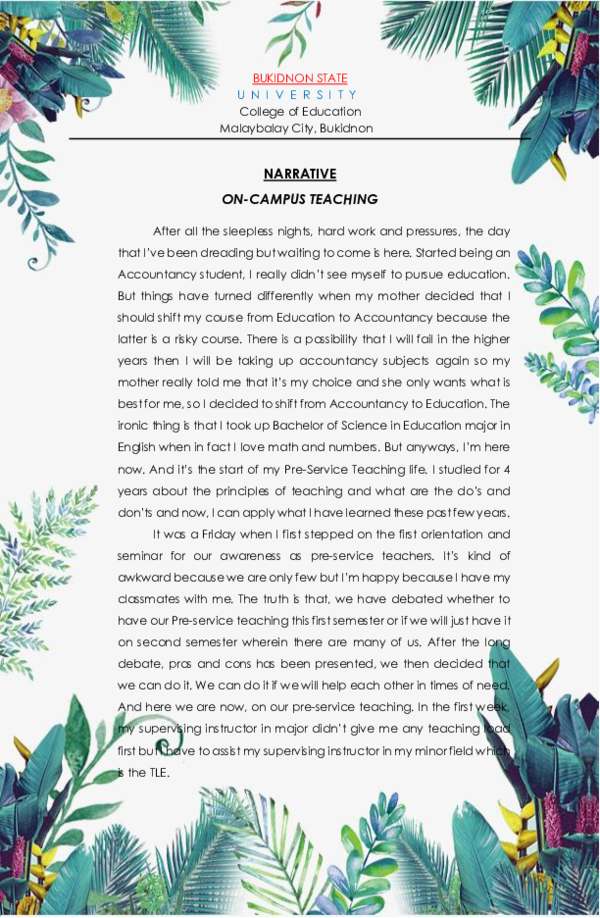 (DOC) ON AND OFF CAMPUS TEACHING NARRATIVE