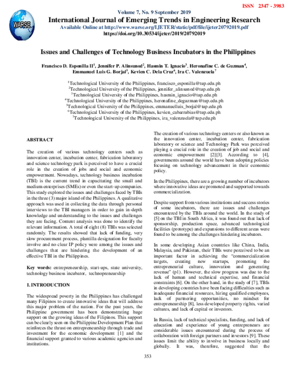 (PDF) ISSUES AND CHALLENGES OF TECHNOLOGY-BASED INCUBATORS IN THE ...