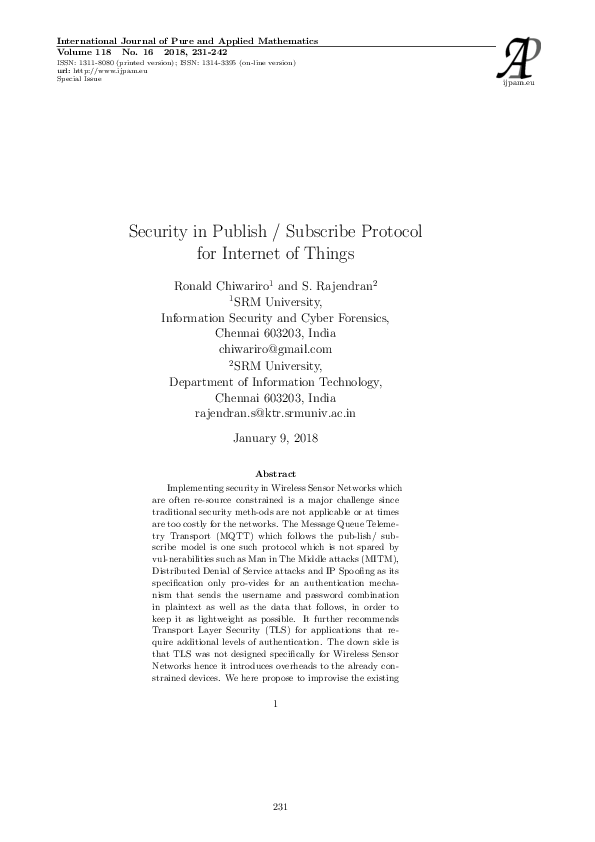 (PDF) Security in Publish / Subscribe Protocol for Internet of Things