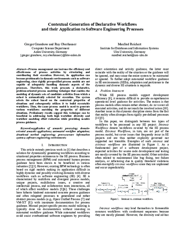 Pdf Contextual Generation Of Declarative Workflows And Their Application To Software