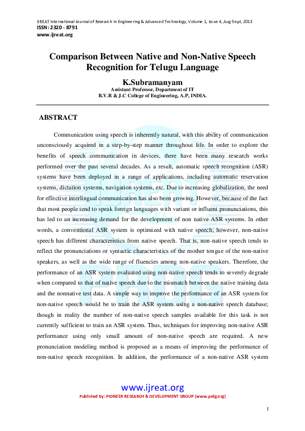(PDF) Comparison Between Native and Non-Native Speech Recognition for Telugu Language