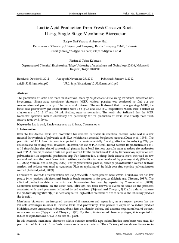 (PDF) Lactic Acid Production from Fresh Cassava Roots Using Single ...