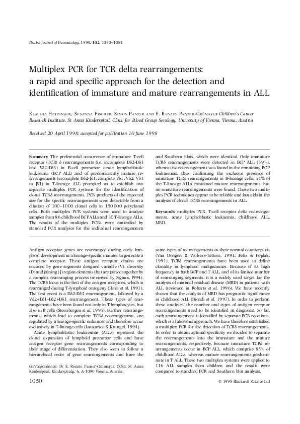 (PDF) Multiplex PCR for TCR delta rearrangements: a rapid and specific ...