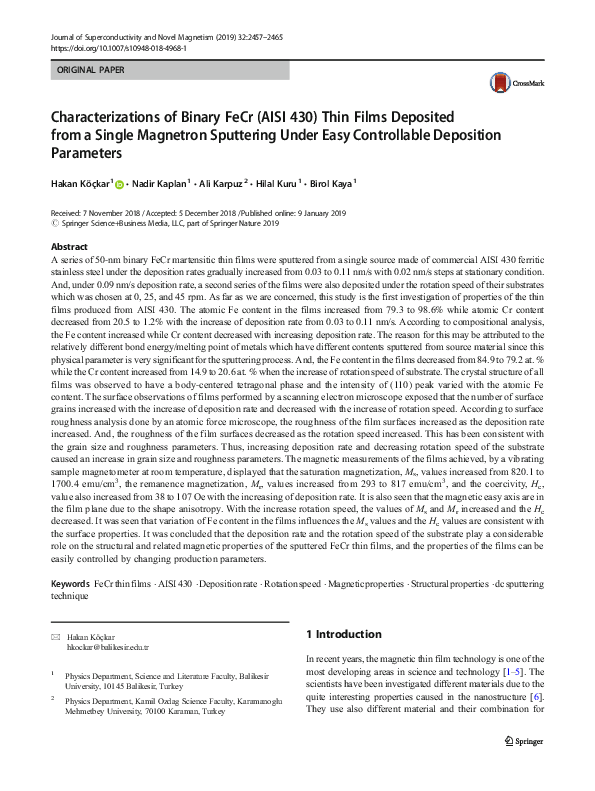 (PDF) Characterizations of Binary FeCr (AISI 430) Thin Films Deposited