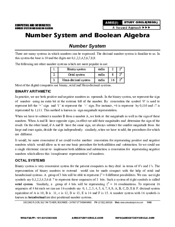 (PDF) Number System and Boolean Algebra