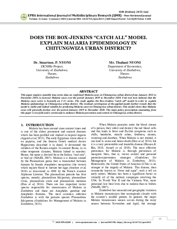 (PDF) DOES THE BOX-JENKINS "CATCH ALL" MODEL EXPLAIN MALARIA EPIDEMIOLOGY IN CHITUNGWIZA URBAN ...