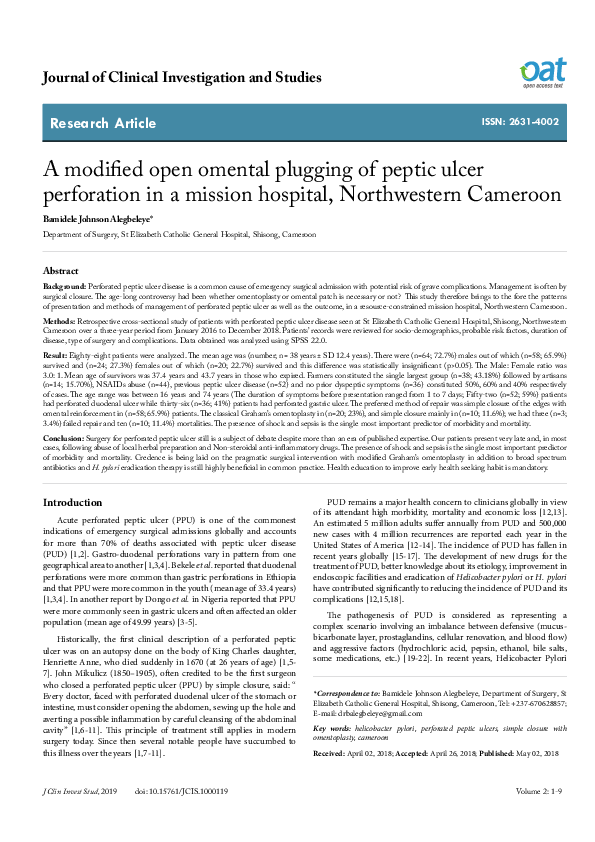(PDF) A modified open omental plugging of peptic ulcer perforation in a ...
