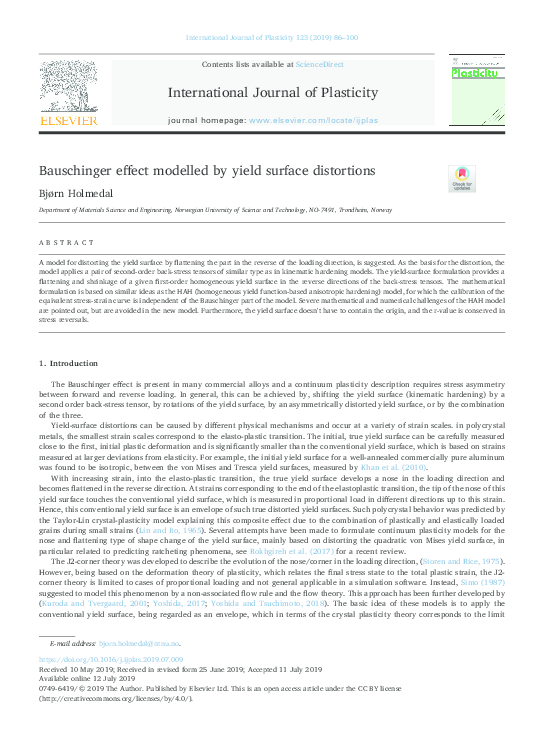 (PDF) Bauschinger effect modelled by yield surface distortions