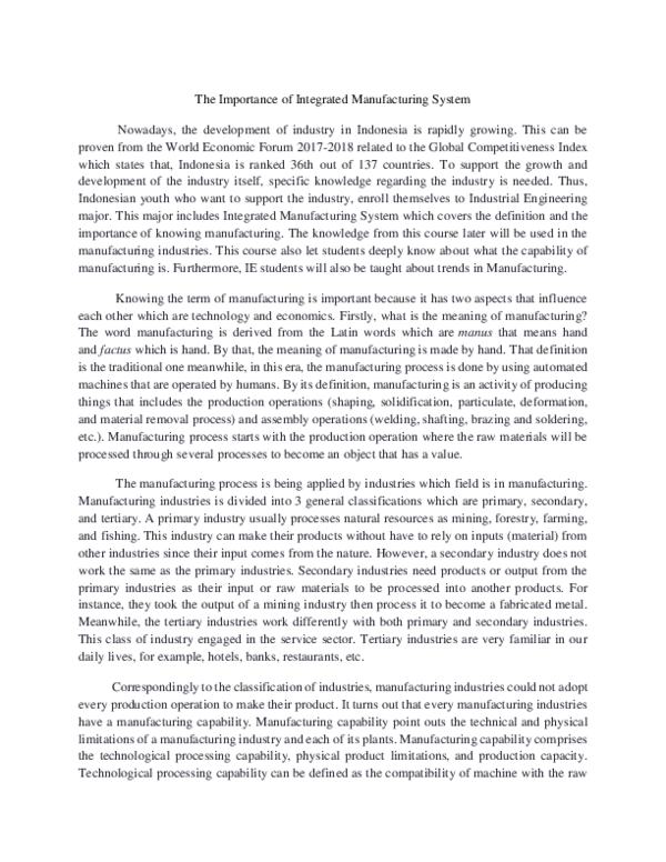 (DOC) The Importance of Integrated Manufacturing System