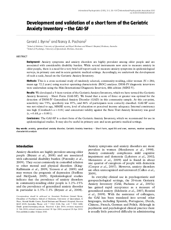 (PDF) Development and validation of a short form of the Geriatric ...