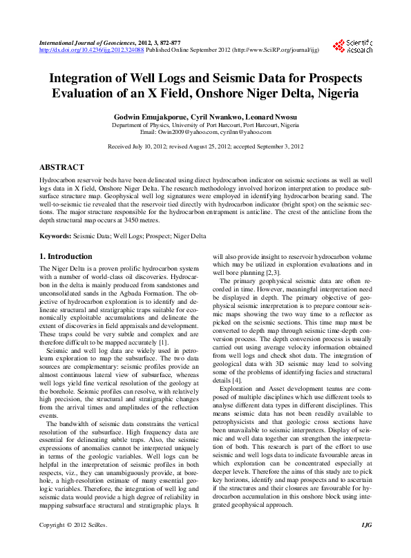 (PDF) Integration of Well Logs and Seismic Data for Prospects Evaluation of an X Field, Onshore ...