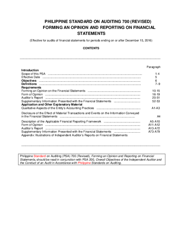 (PDF) PHILIPPINE STANDARD ON AUDITING 700 (REVISED) FORMING AN OPINION AND REPORTING ON ...
