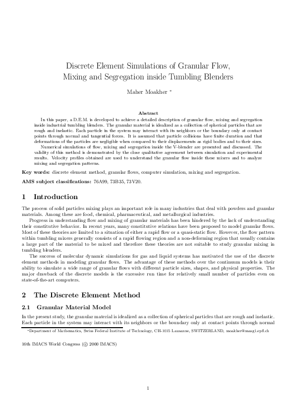 (PDF) Discrete Element Simulations of Granular Flow, Mixing and Segregation inside Tumbling Blenders