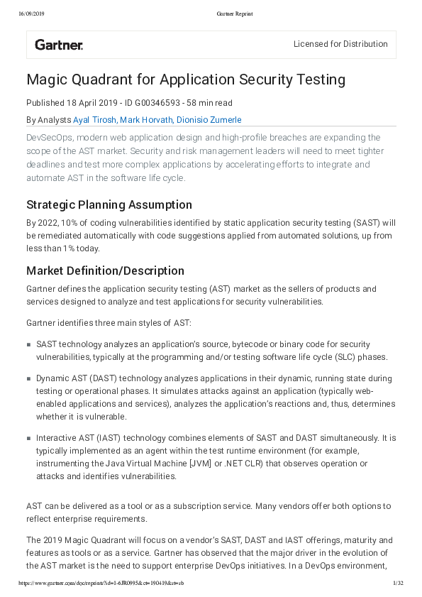 (PDF) Gartner magic quadrant for application security testing april