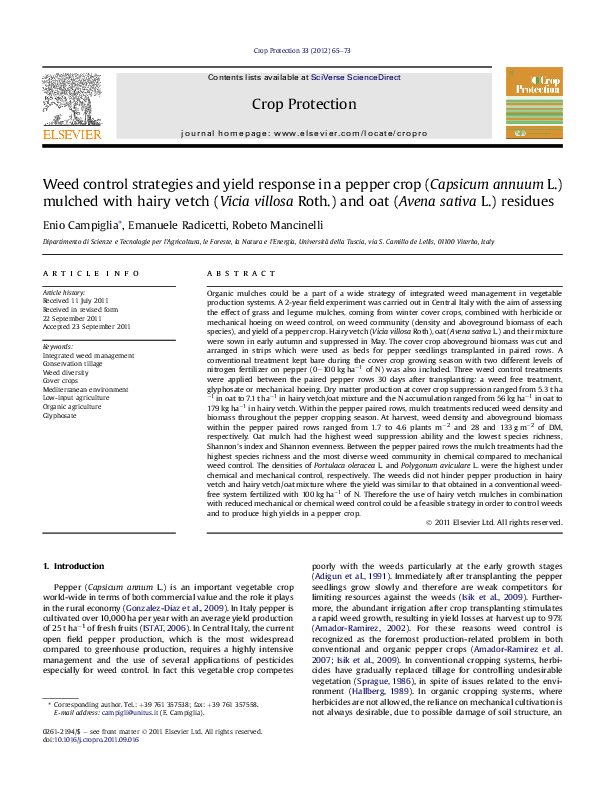(PDF) Weed control strategies and yield response in a pepper crop (Capsicum annuum L.) mulched ...