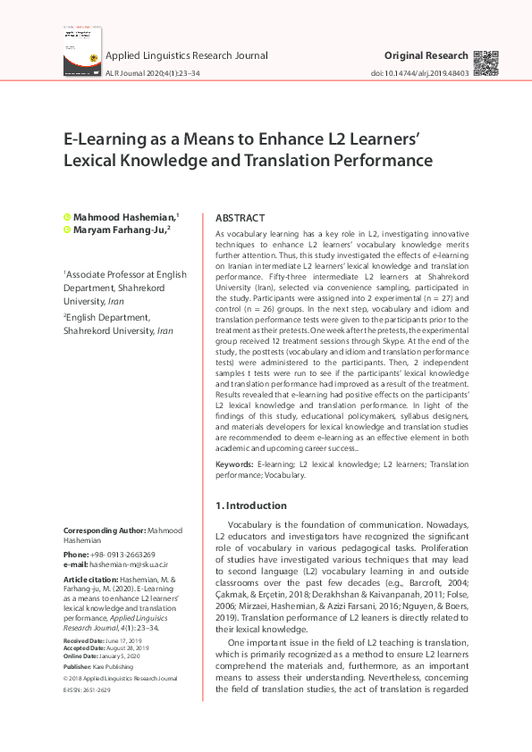 (PDF) E-Learning as a Means to Enhance L2 Learners' Lexical Knowledge and Translation Performance