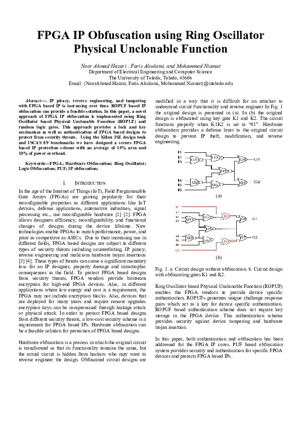 (PDF) FPGA IP Obfuscation using Ring Oscillator Physical Unclonable Function
