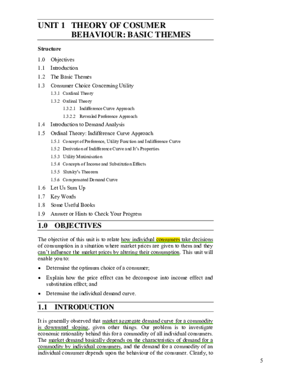 (PDF) UNIT 1 THEORY OF COSUMER BEHAVIOUR: BASIC THEMES Structure