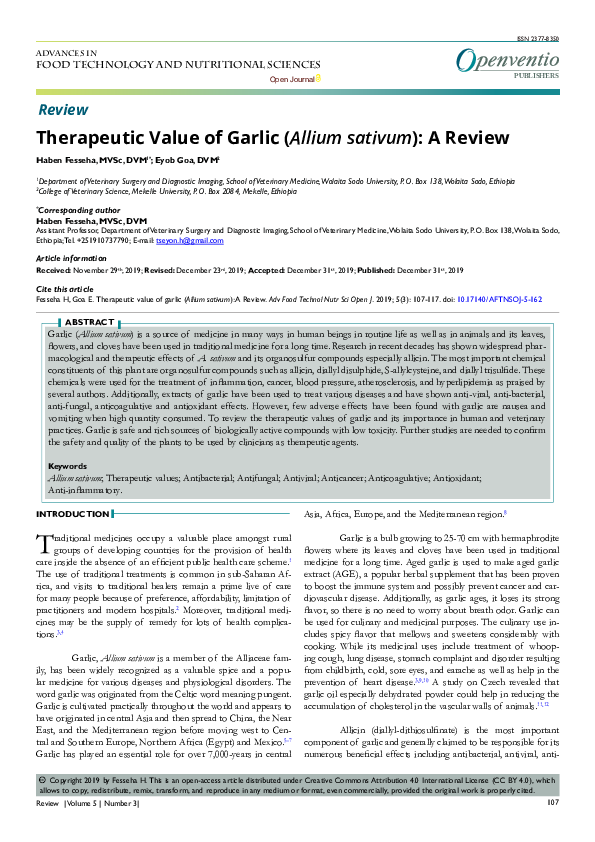 (PDF) Therapeutic Value of Garlic (Allium sativum): A Review