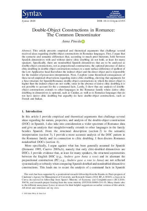 (PDF) Pineda (2020) Double-Object Constructions in Romance: The Common Denominator (journal Syntax)