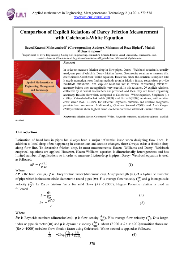 (PDF) Comparison of Explicit Relations of Darcy Friction Measurement ...