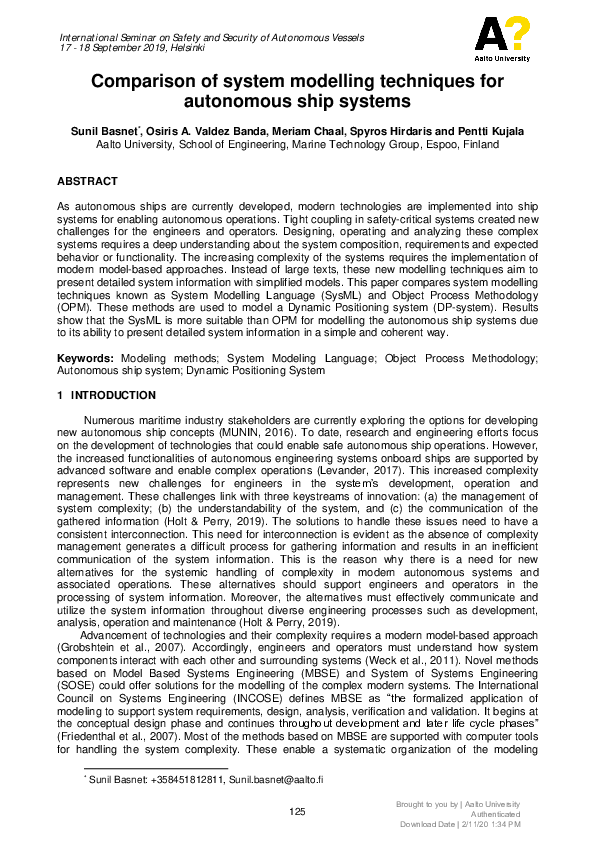 (PDF) Comparison of system modelling techniques for autonomous ship systems