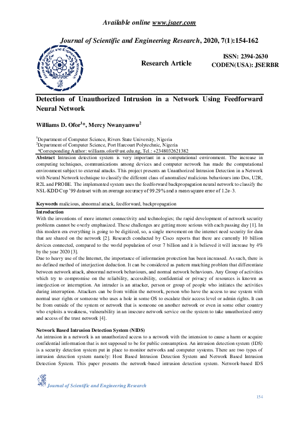 (PDF) Detection of Unauthorized Intrusion in a Network Using Feedforward Neural Network