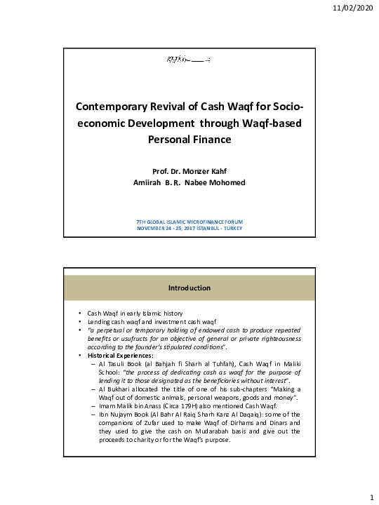 (PDF) Contemporary Revival of Cash Waqf for Socio- economic Development through Waqf-based ...