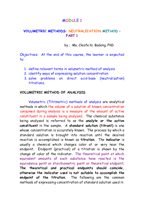 PDF MODULE 1 VOLUMETRIC METHODS NEUTRALIZATION METHOD PART 1 Are pdf-module-1-volumetric-methods-neutralization-method-part-1-are