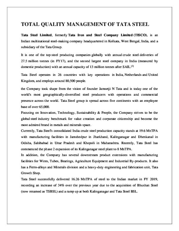 (DOC) TOTAL QUALITY MANAGEMENT OF TATA STEEL