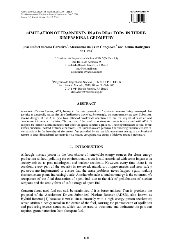 (PDF) SIMULATION OF TRANSIENTS IN ADS REACTORS IN THREE- DIMENSIONAL GEOMETRY