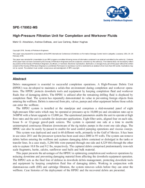 (PDF) SPE-178952-MS High-Pressure Filtration Unit for Completion and ...