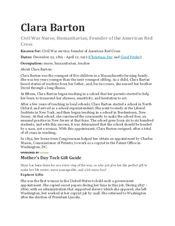 (DOC) Clara Barton Civil War Nurse, Humanitarian, Founder of the ...