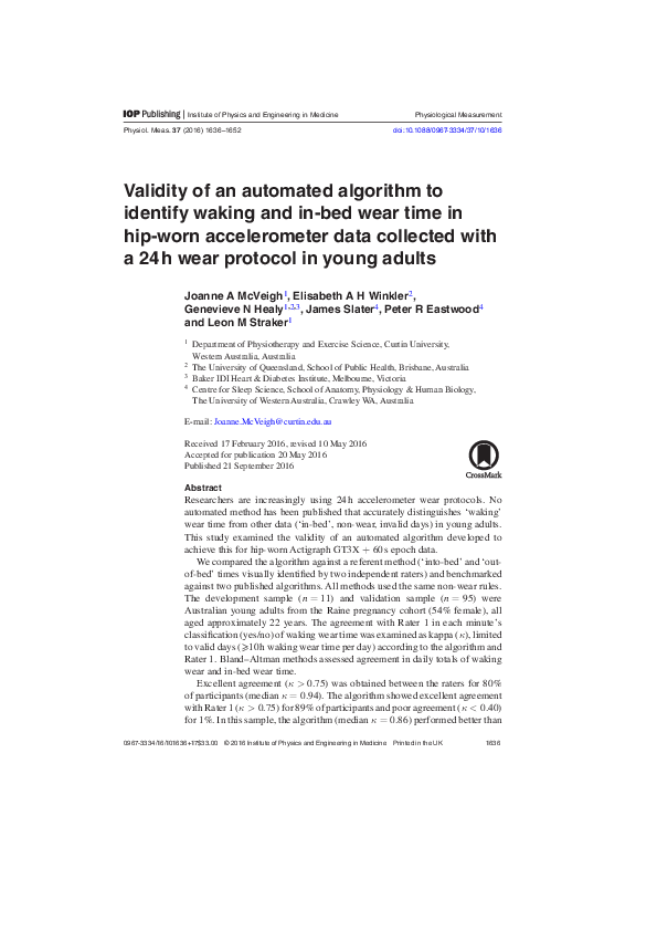 (PDF) Validity of an automated algorithm to identify waking and in-bed wear time in hip-worn ...