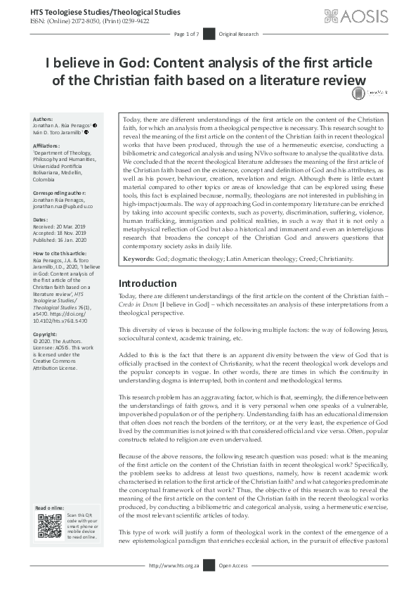 (PDF) I believe in God: Content analysis of the first article of the ...
